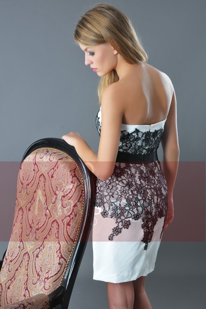 White Strapless Party Dress-Black Lace