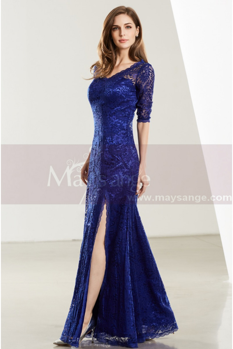 Robe Dentelle Bleu Roi Sexy Avec Manches Et Fente Sur Le Côté - Ref L1913 - Robes de soirée