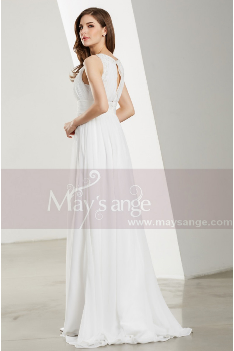 Robe Blanche Longue bust plisse broderies orne sur des bretelles - Ref ...