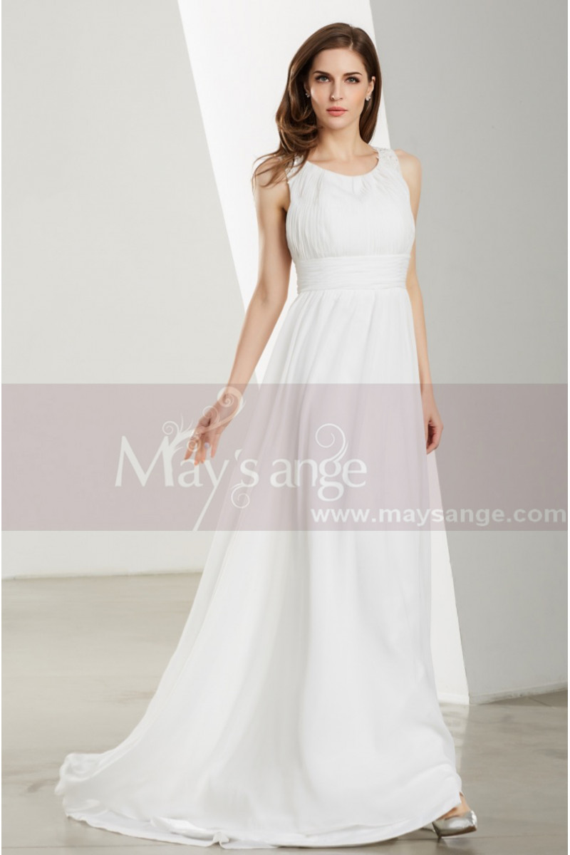 Robe Blanche Longue bust plisse broderies orne sur des bretelles - Ref ...