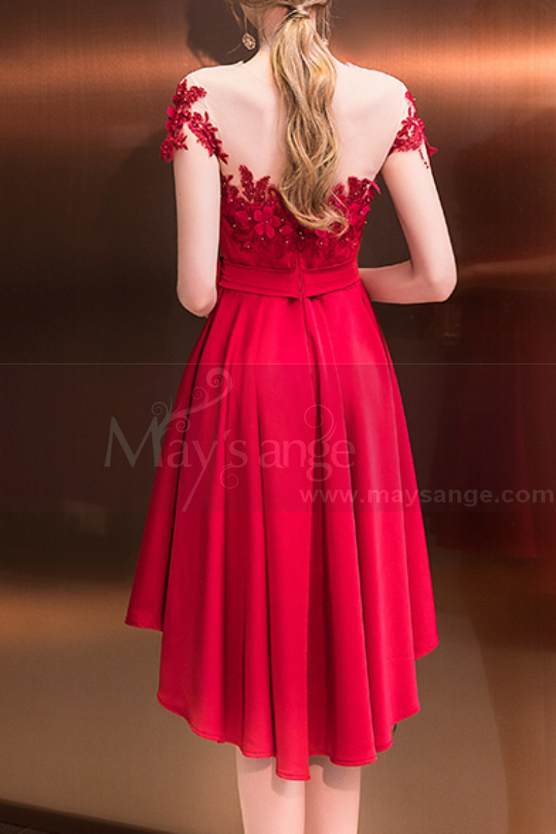 Asymmetrical Raspberry Red Strapless Embroidered Satin Cocktail Dress