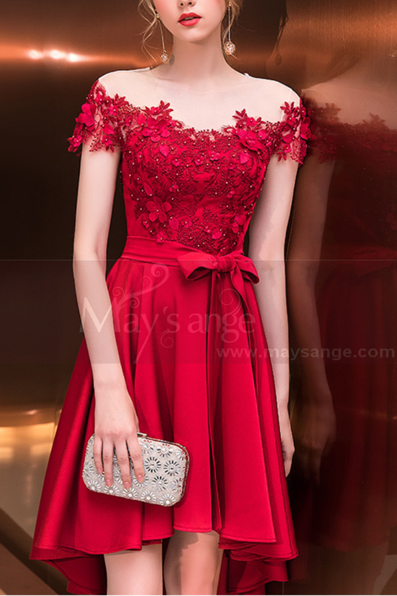 Asymmetrical Raspberry Red Strapless Embroidered Satin Cocktail Dress