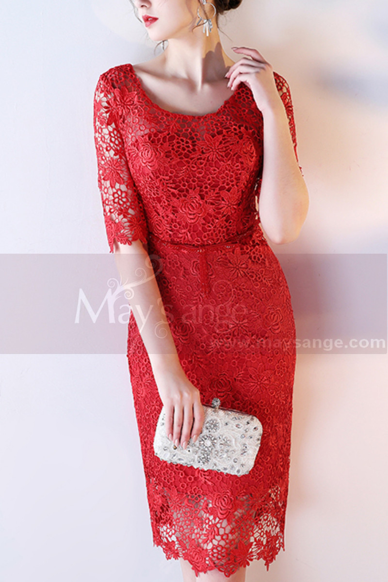 Robe Droite Classe Rouge Courte En Dentelle Avec Manches Longues - Ref C1917 - Robe de cocktail