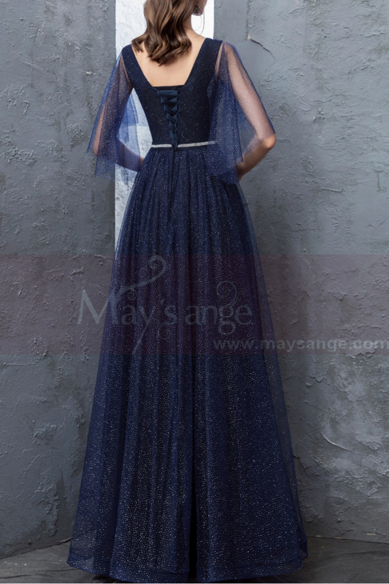 Long Navy Blue Evening Dress With Ruffle Sleeves