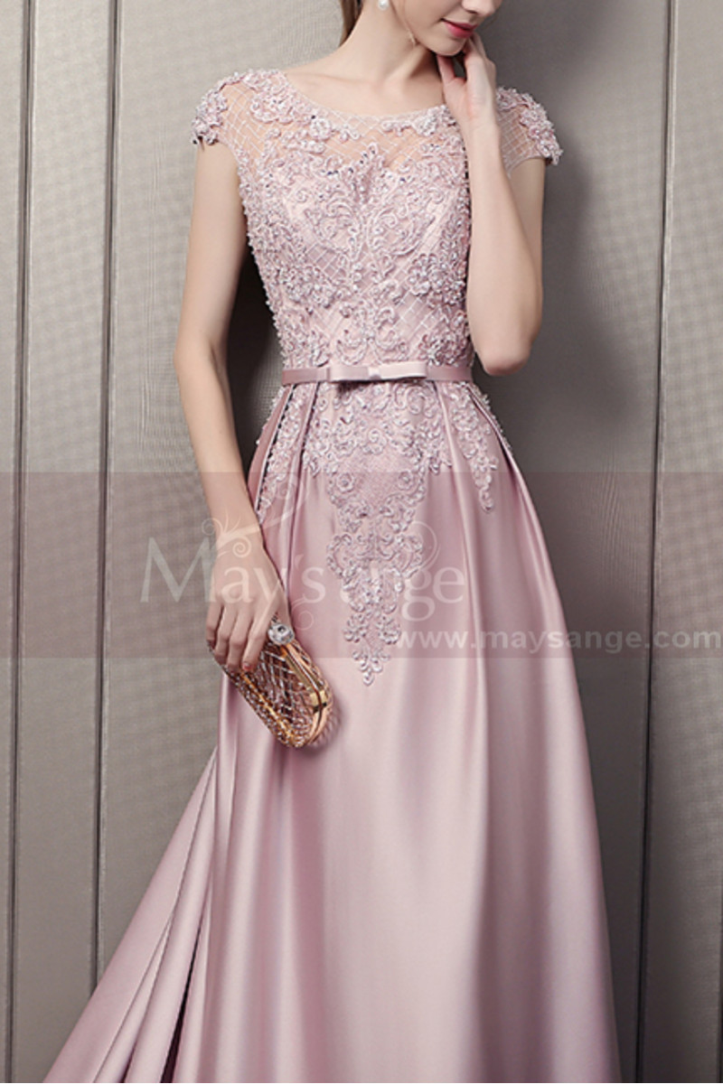 Embroidered Long Pink Formal Gowns With Sleeves