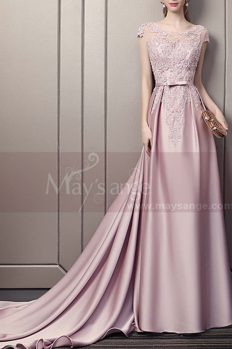 Robes Habillées Pour mariage Longue Rose Avec Traine Haut Brodé Et ...