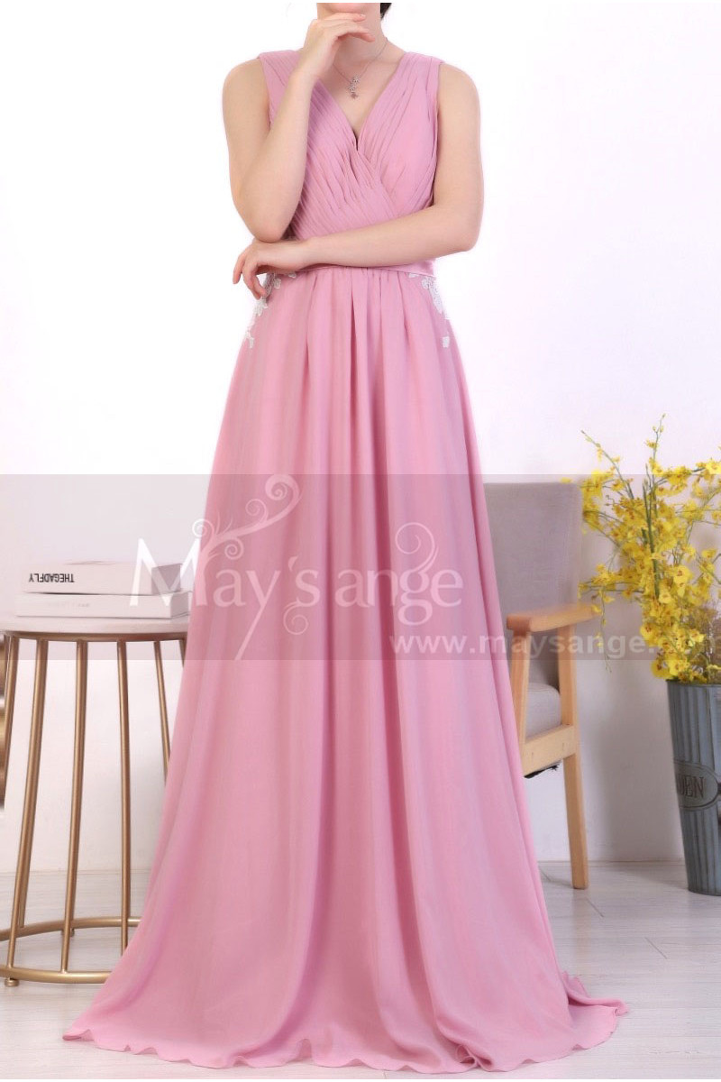 A-Line Long Formal Pink Dress With Back Tie Belt And White Lace