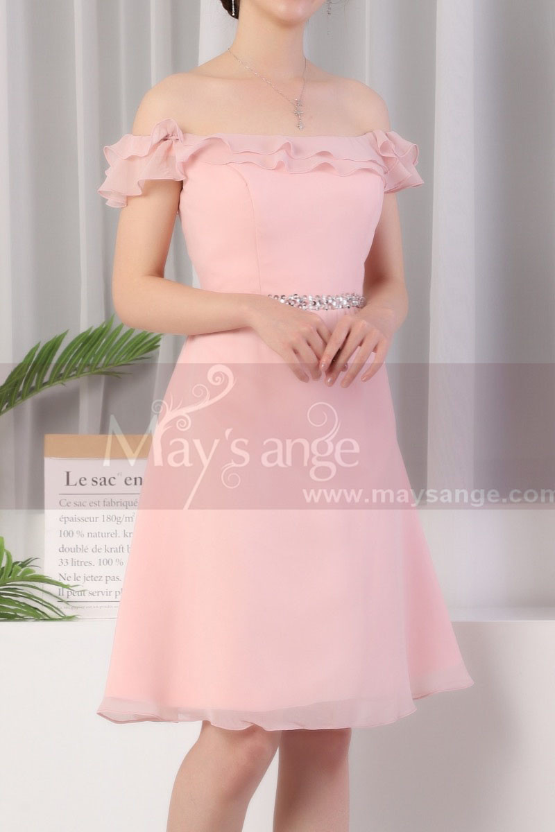 Ruffle Top Off The Shoulder Pink Cocktail Dress And Shiny Belt