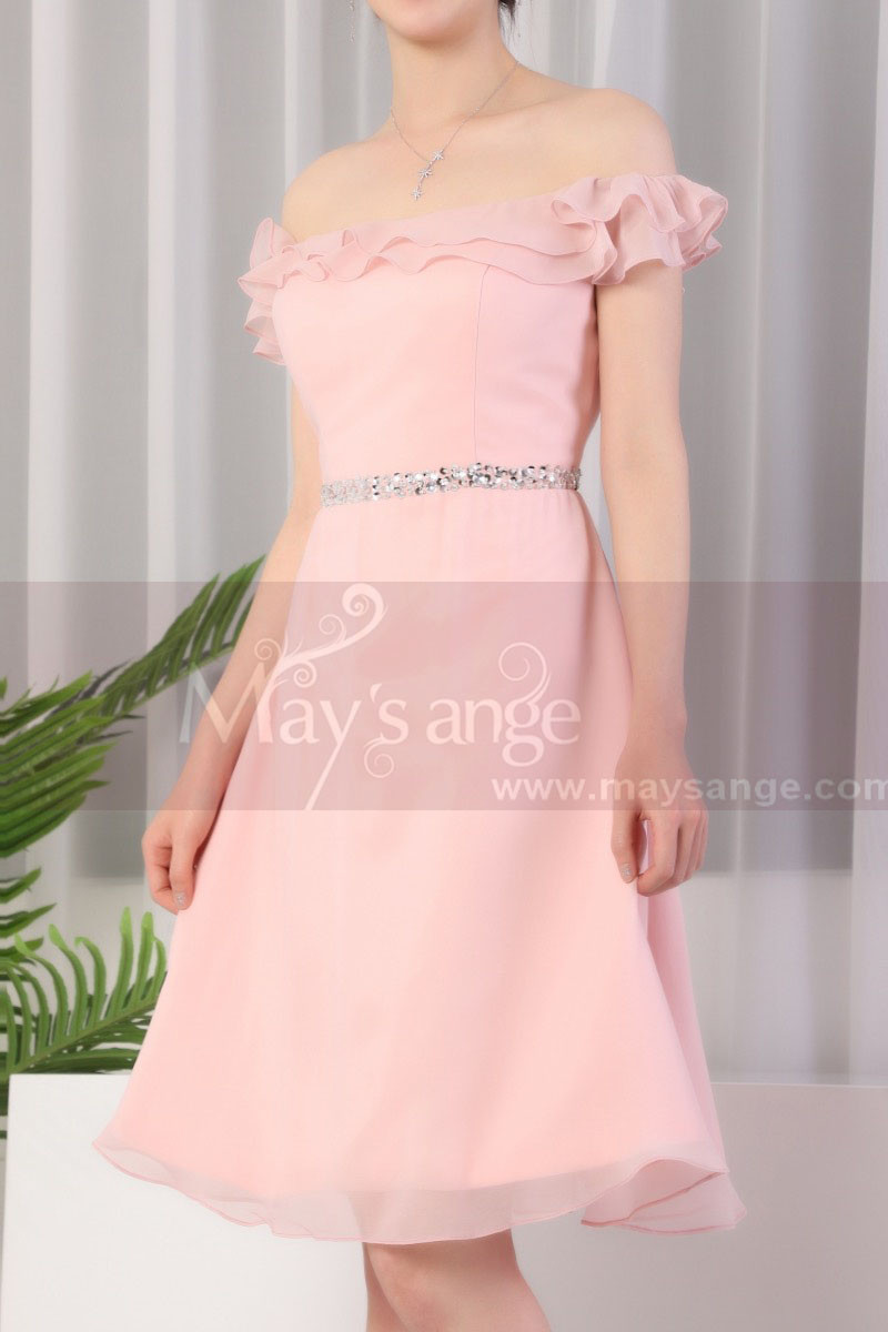 Ruffle Top Off The Shoulder Pink Cocktail Dress And Shiny Belt