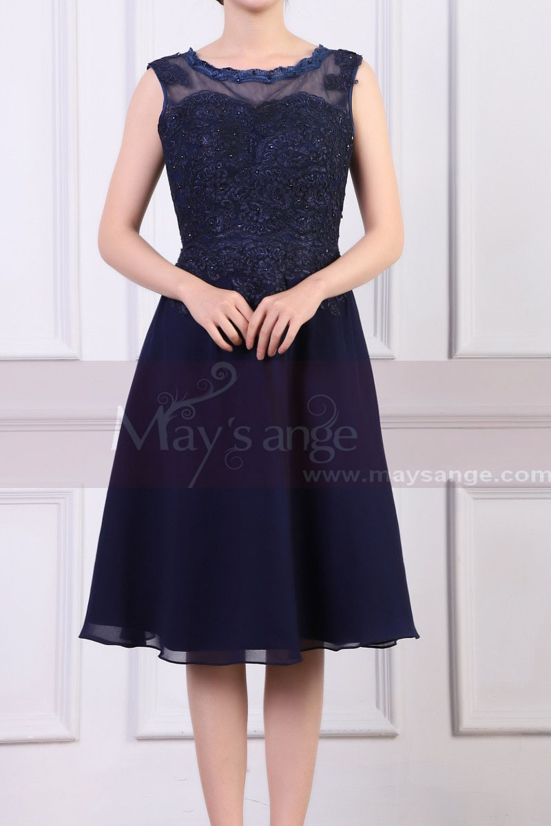 Sleeveless Short Navy Dress For Cocktail With Embroidered And Shiny Top