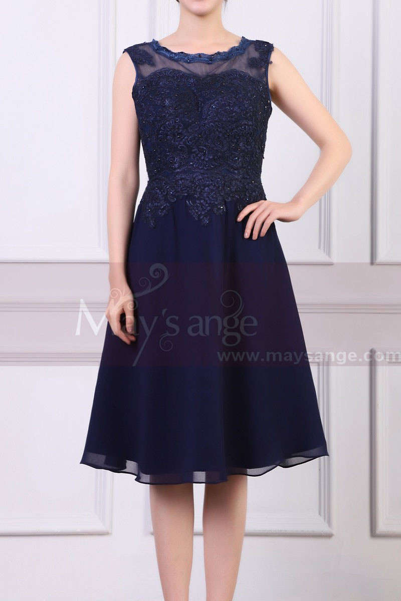 Sleeveless Short Navy Dress For Cocktail With Embroidered And Shiny Top