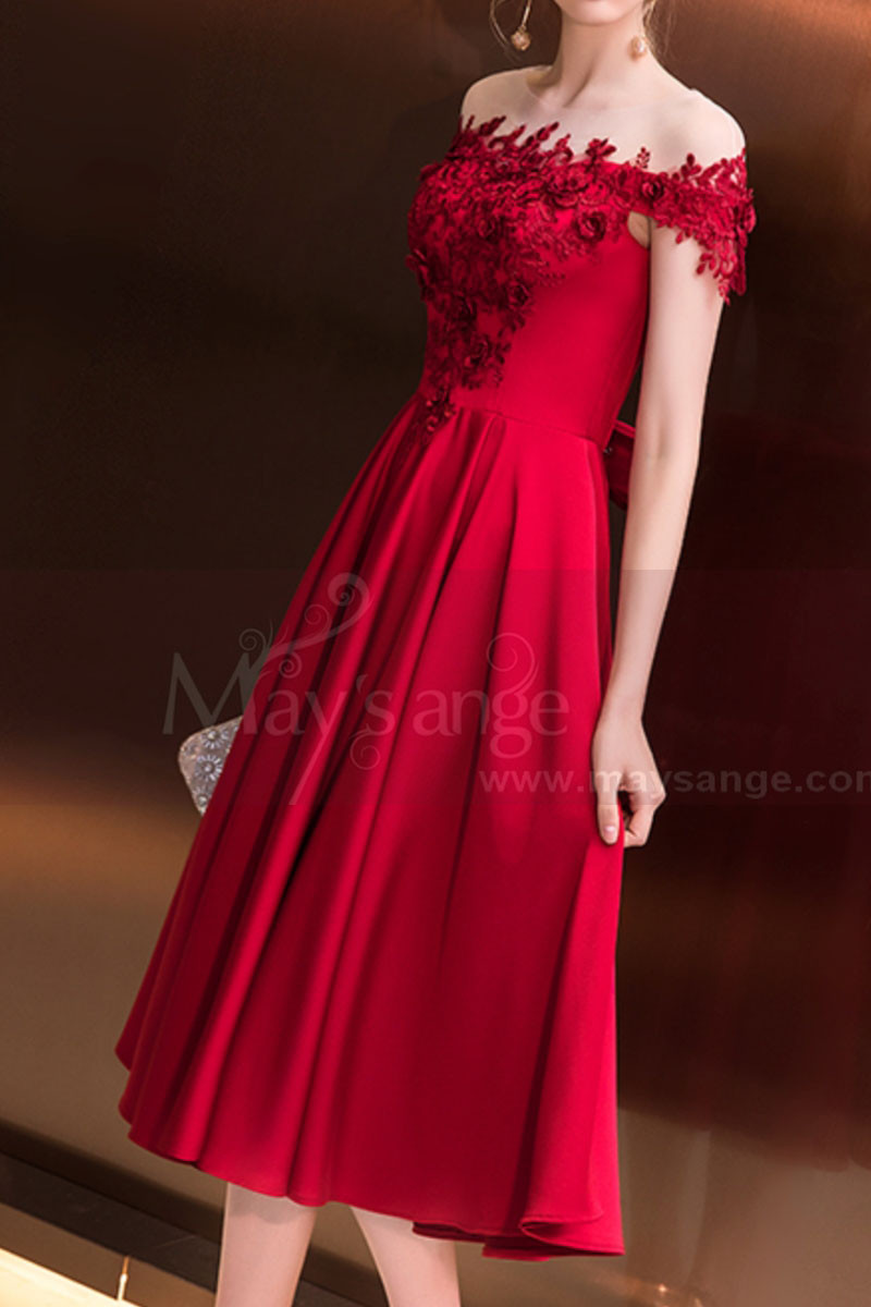 Robe Cocktail Midi Rouge Framboise Chic Haut Transparent Et Dentelle ...