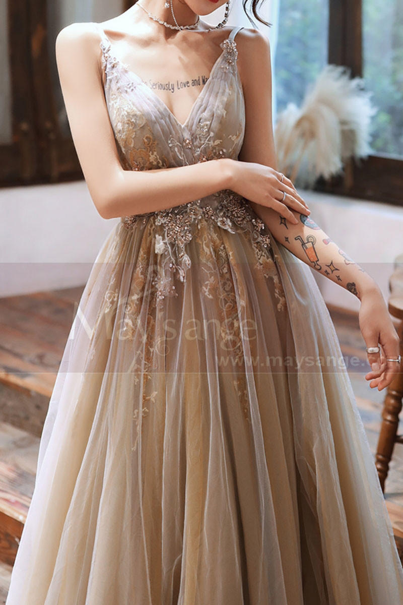 Backless Long Embroidered-Bodice A-Line Ball Gown