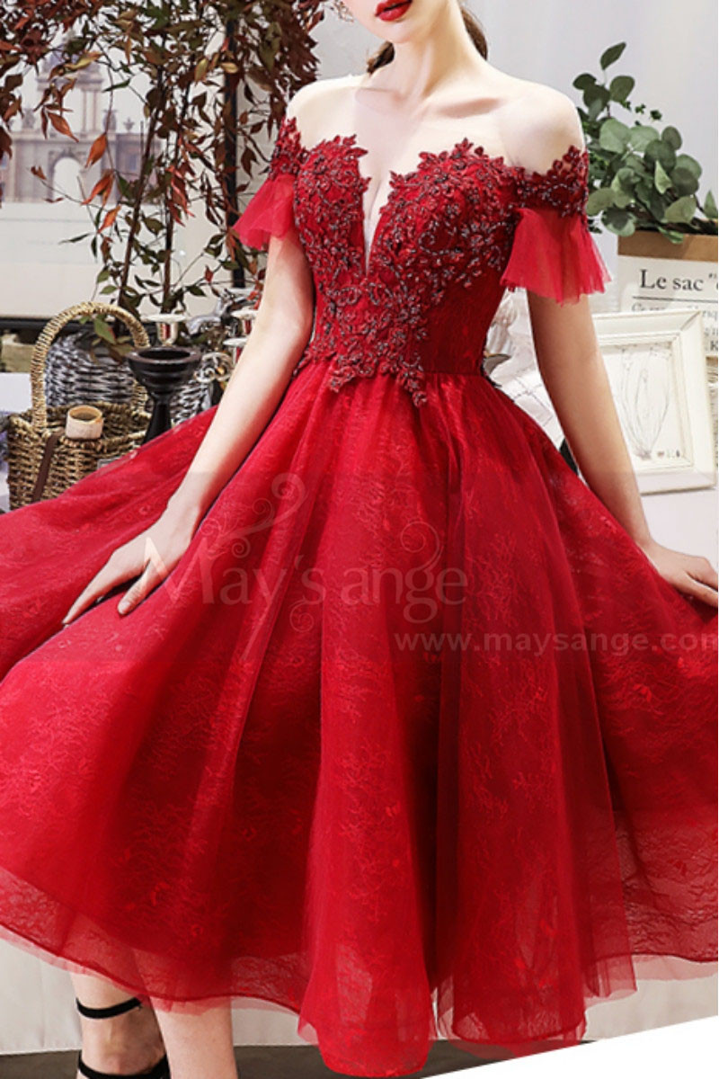 Evening Gowns Red With Sheer Embroidered Top And Tulle Short Sleeve