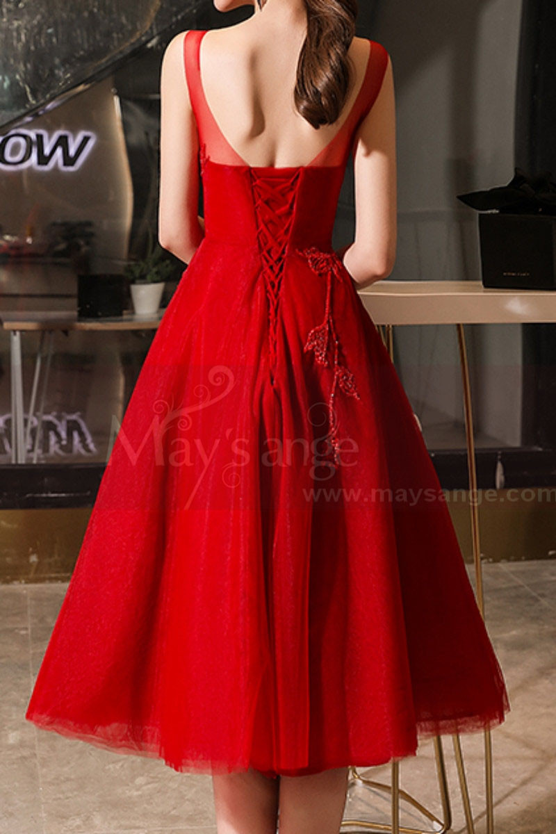 Tulle Sleeveless Embroidered Calf Length Red Prom Dress