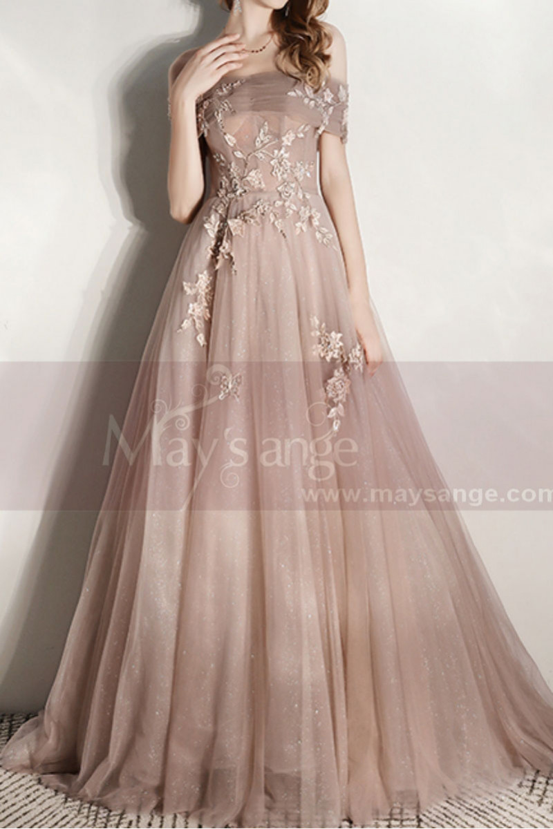 Embroidered Sand Color Off The Shoulder Tulle Ball Gown Dresses