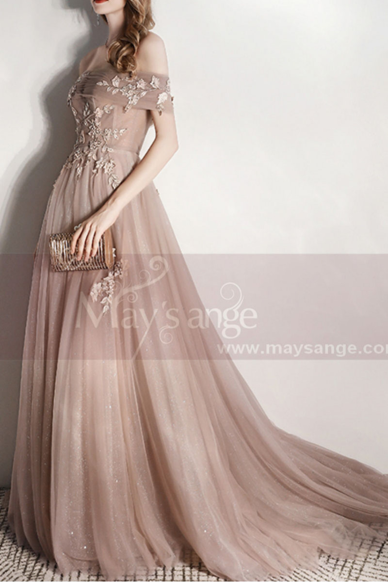 Embroidered Sand Color Off The Shoulder Tulle Ball Gown Dresses