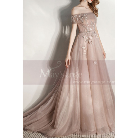 Embroidered Sand Color Off The Shoulder Tulle Ball Gown Dresses