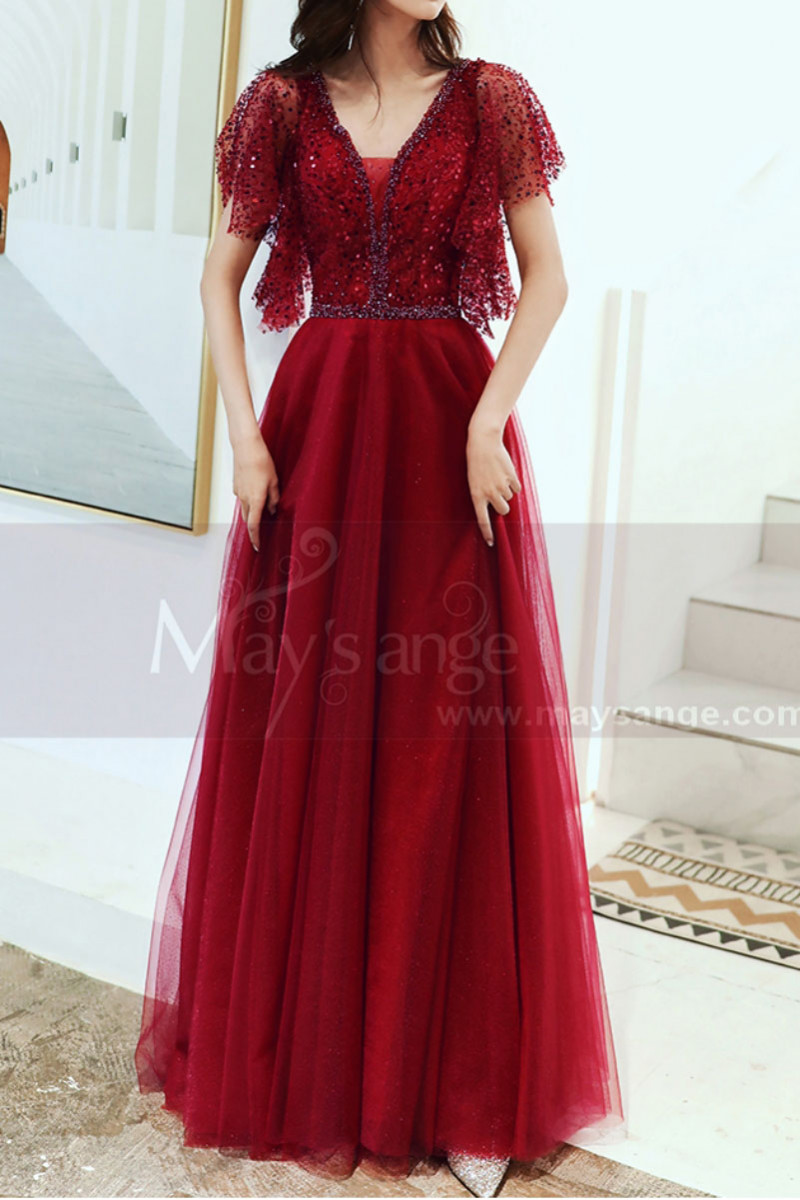Sequined Top Floor Length Long Red Dress Tulle With Ruffle Sleeve