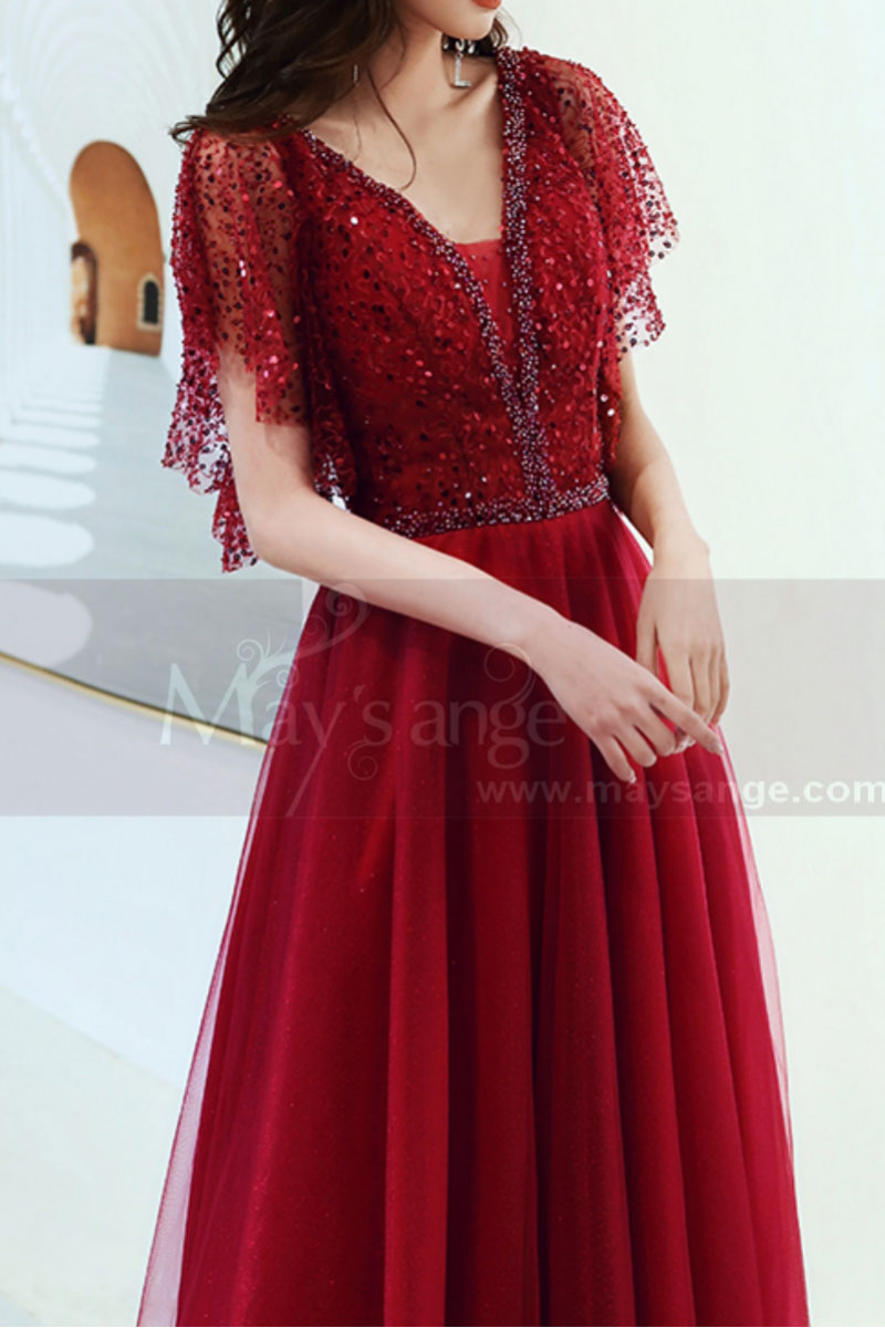 Sequined Top Floor Length Long Red Dress Tulle With Ruffle Sleeve