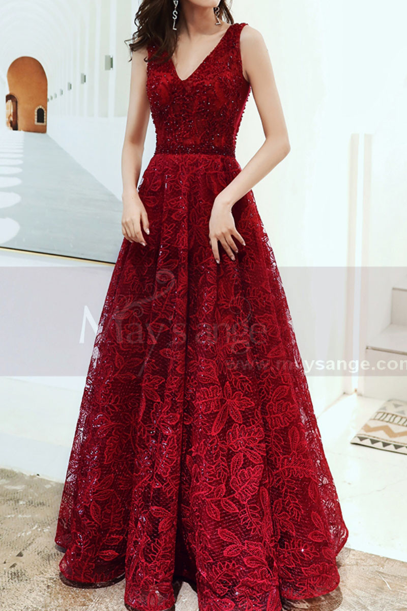 V Neck Sleeveless Red Lace Dress For Prom With Lace Up Closing