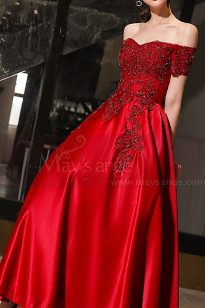 Embroidered And Sparkly Tea Length Elegant Red Dress for Bridesmaid