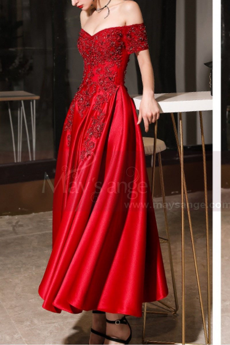 Embroidered And Sparkly Tea Length Elegant Red Dress for Bridesmaid