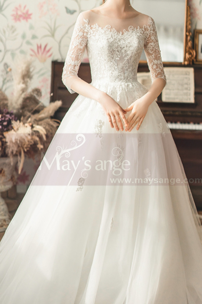 Robe Blanche Mariage Manche Longue Dentelle Effet Tatouage - Ref M1254 - Robes de mariée