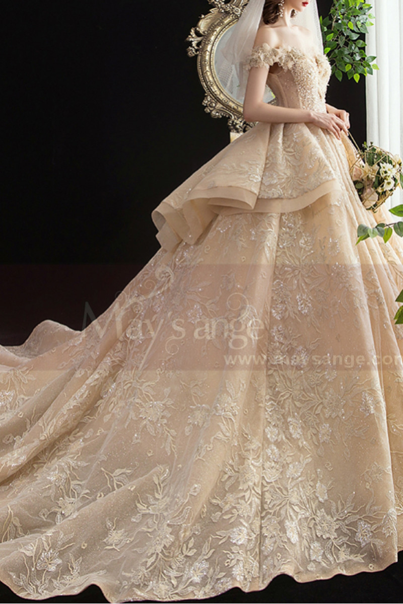 Gorgeous Champagne Gold Wedding Dresses Sparkling Floral Top