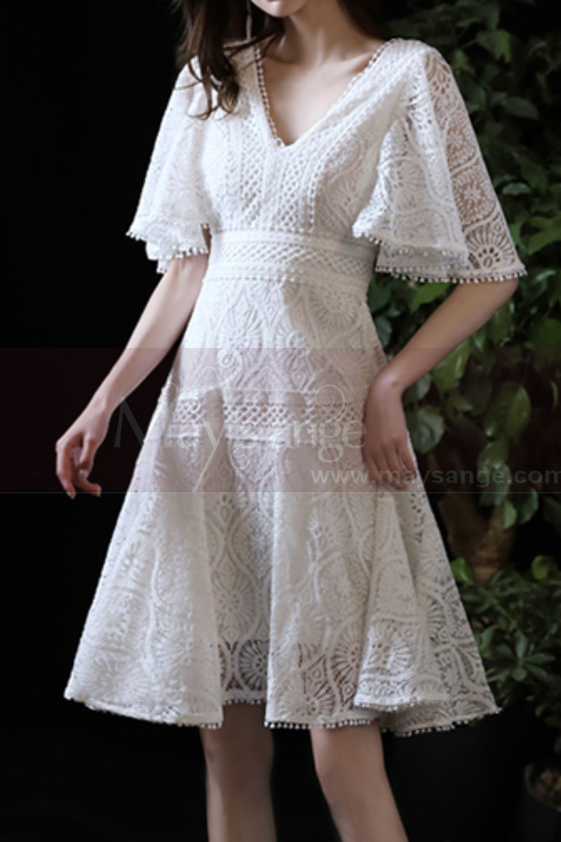 Beautiful White Short Lace Bridal Gowns With Ruffle Sleeve