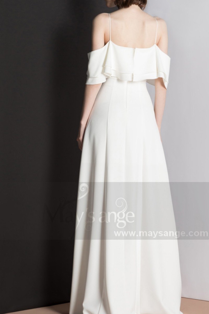 Fine Straps White Dress For Civil Wedding And Flounce Neck