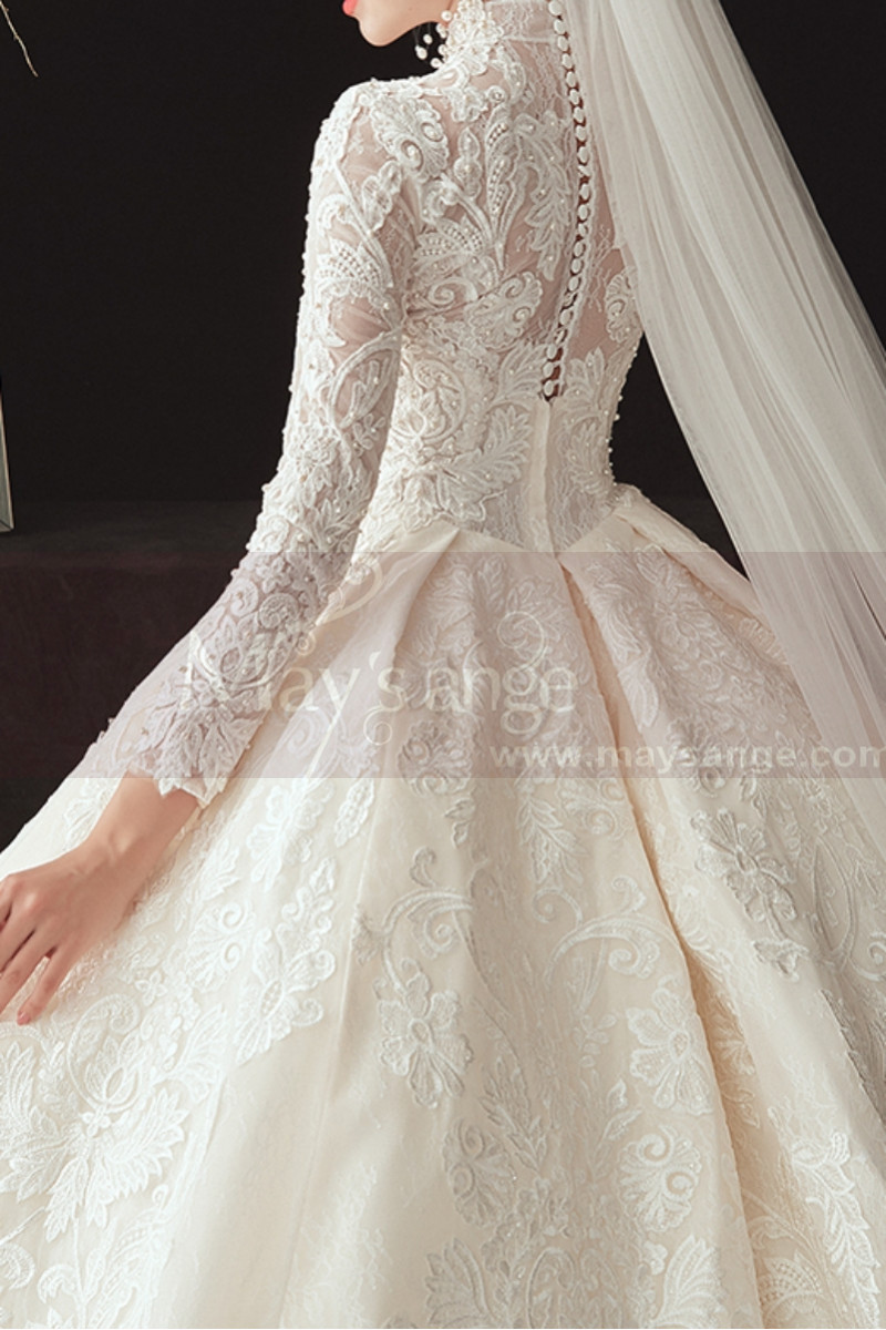 Robe Mariée Dentelle Luxe Manche Longue Illusion Col Montant - Ref M1305 - Robes de mariée