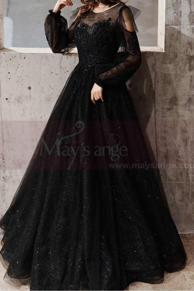 Cutout Long Sleeves Black Vintage Prom Dresses Puffy Skirt