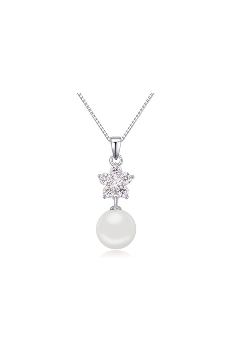 Collier tendance femme avec grosse perle blanche et cristal fleur - Ref ...
