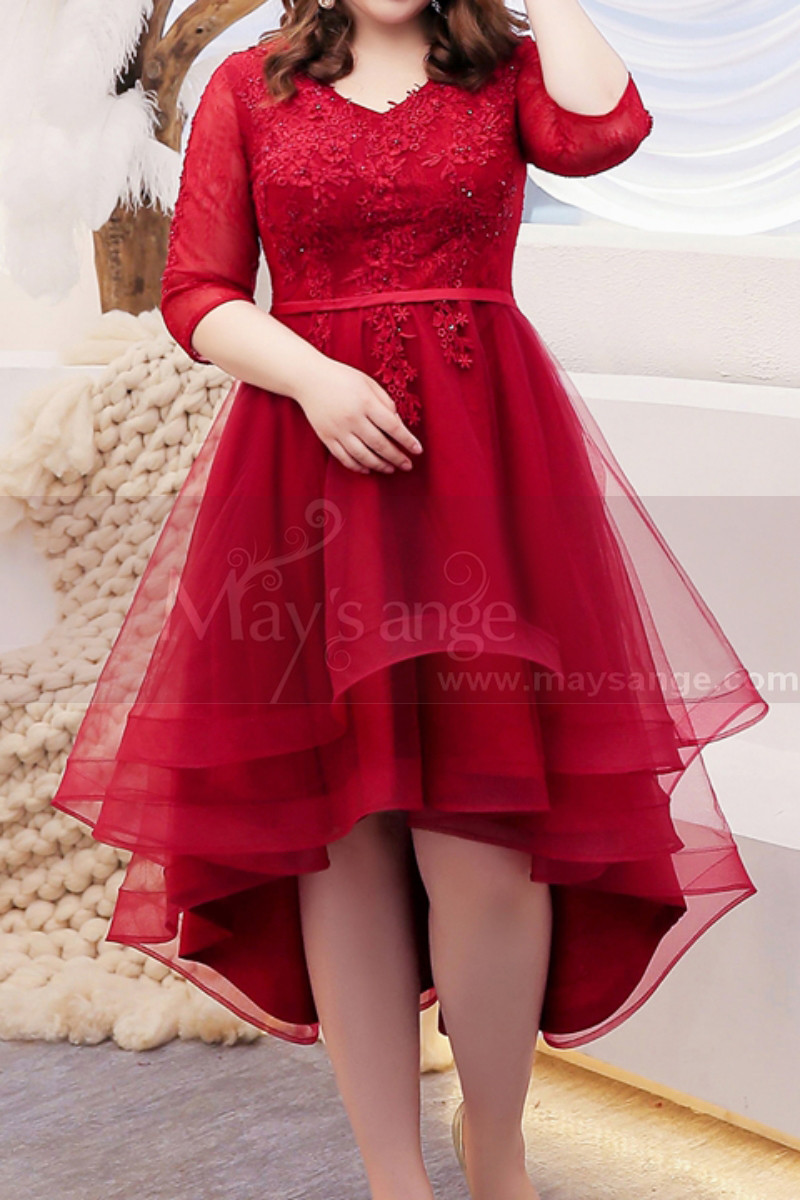 Robe De Soirée Rouge Asymétrique Joli Haut Brodé A Manches - Ref L2236 ...