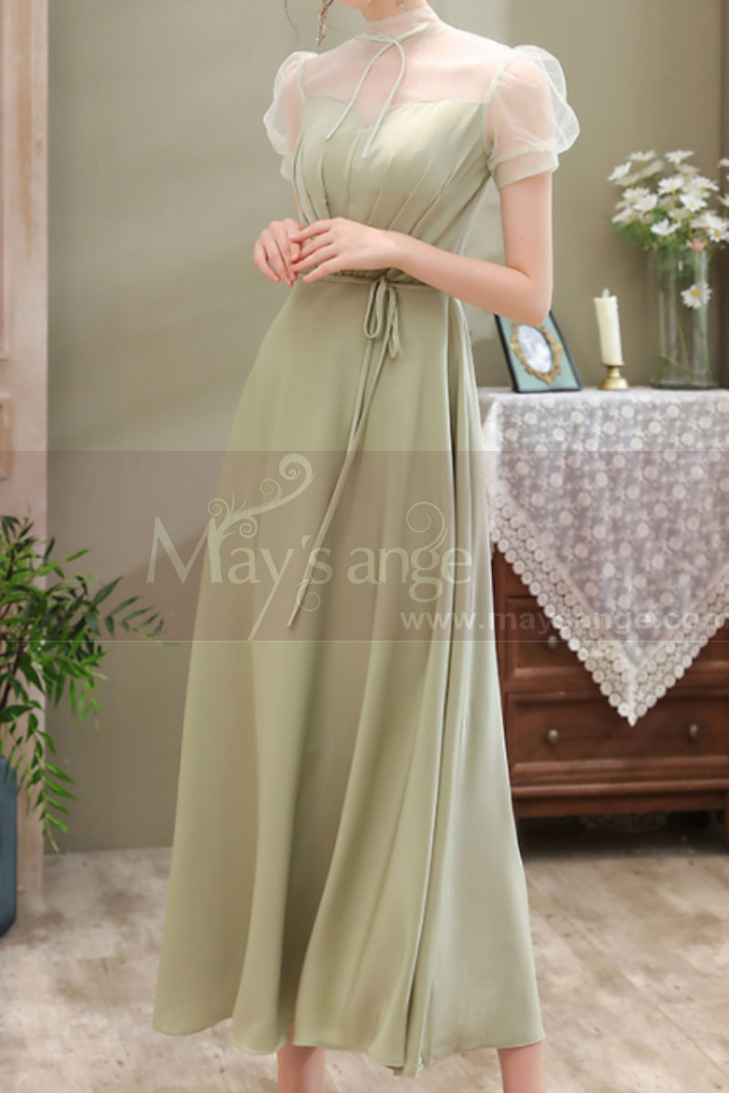 Robe longue de cérémonie vert pomme en satin avec col stylé et manches ...