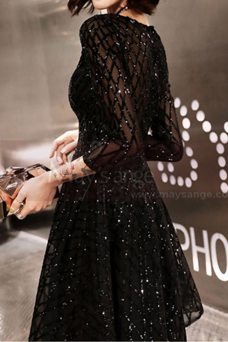 Simple black cocktail dress with rhinestones and simple mid-long sleeves