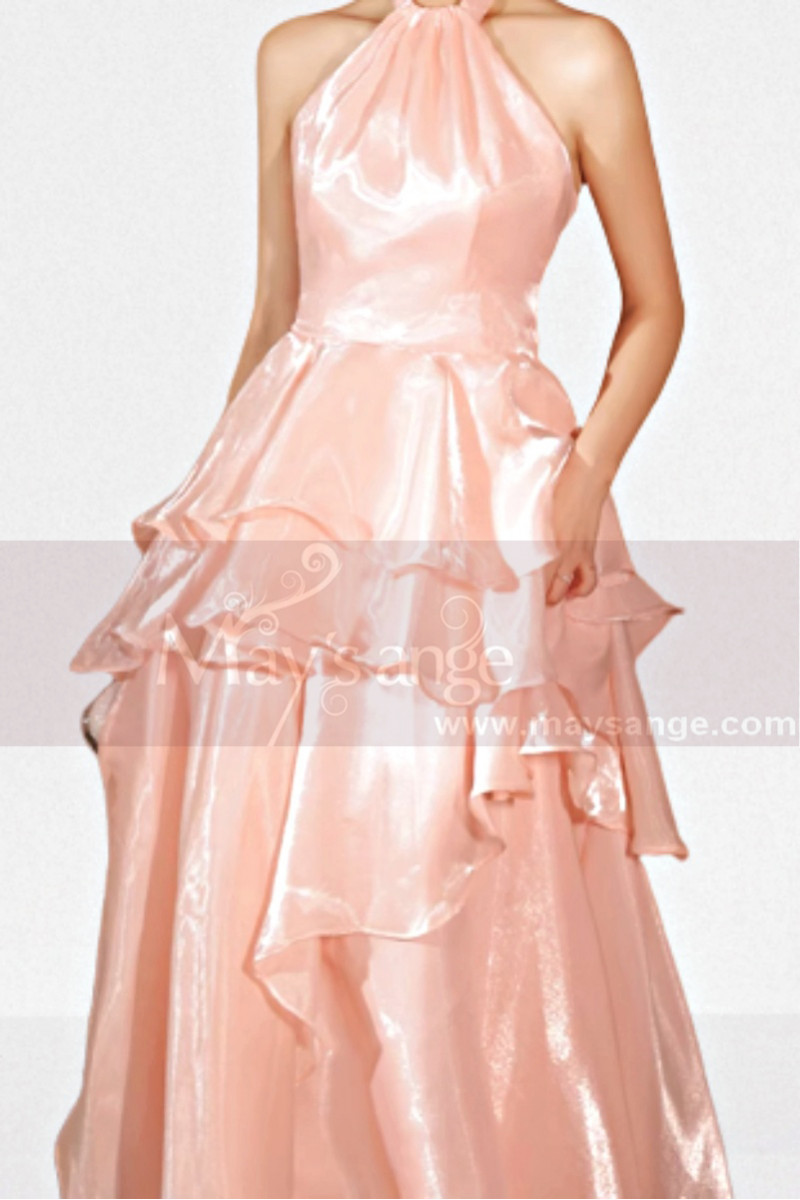 Long shiny salmon pink evening dress