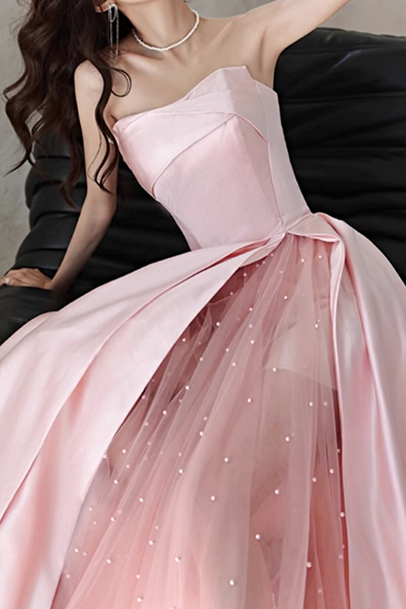 Robe longue rose perle bi matière - Ref L2083 - Robes de soirée