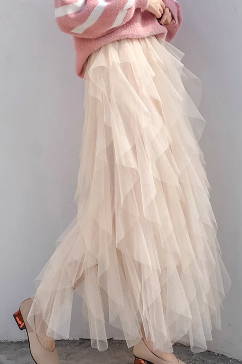 Jupe beige tulle automne - Ref ju158 - Jupe femme longue