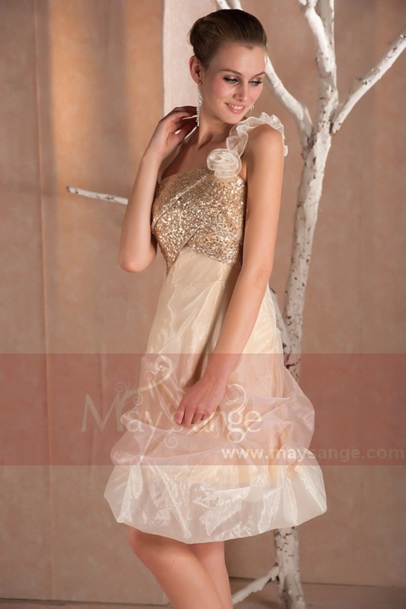 Gold dresses short evening with gold sequins and flowers on shoulder