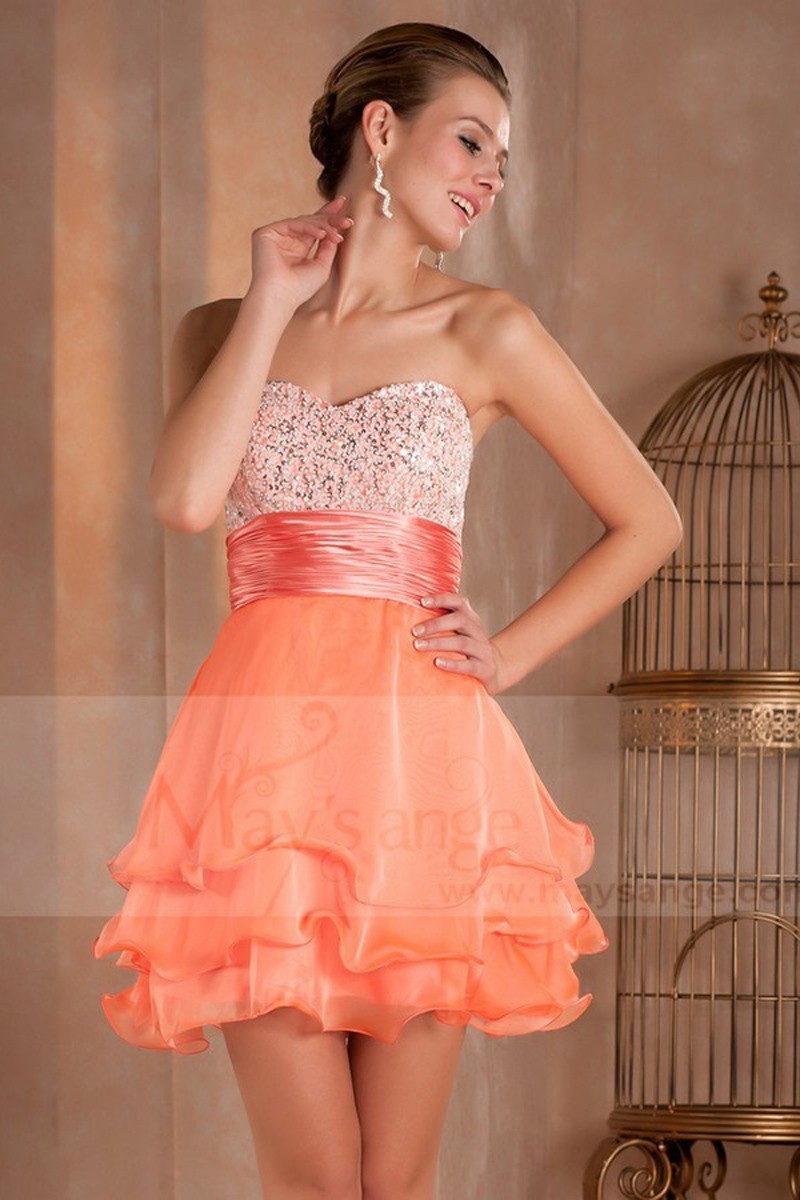 Short Princess Orange Party Dress With Glitter bodice