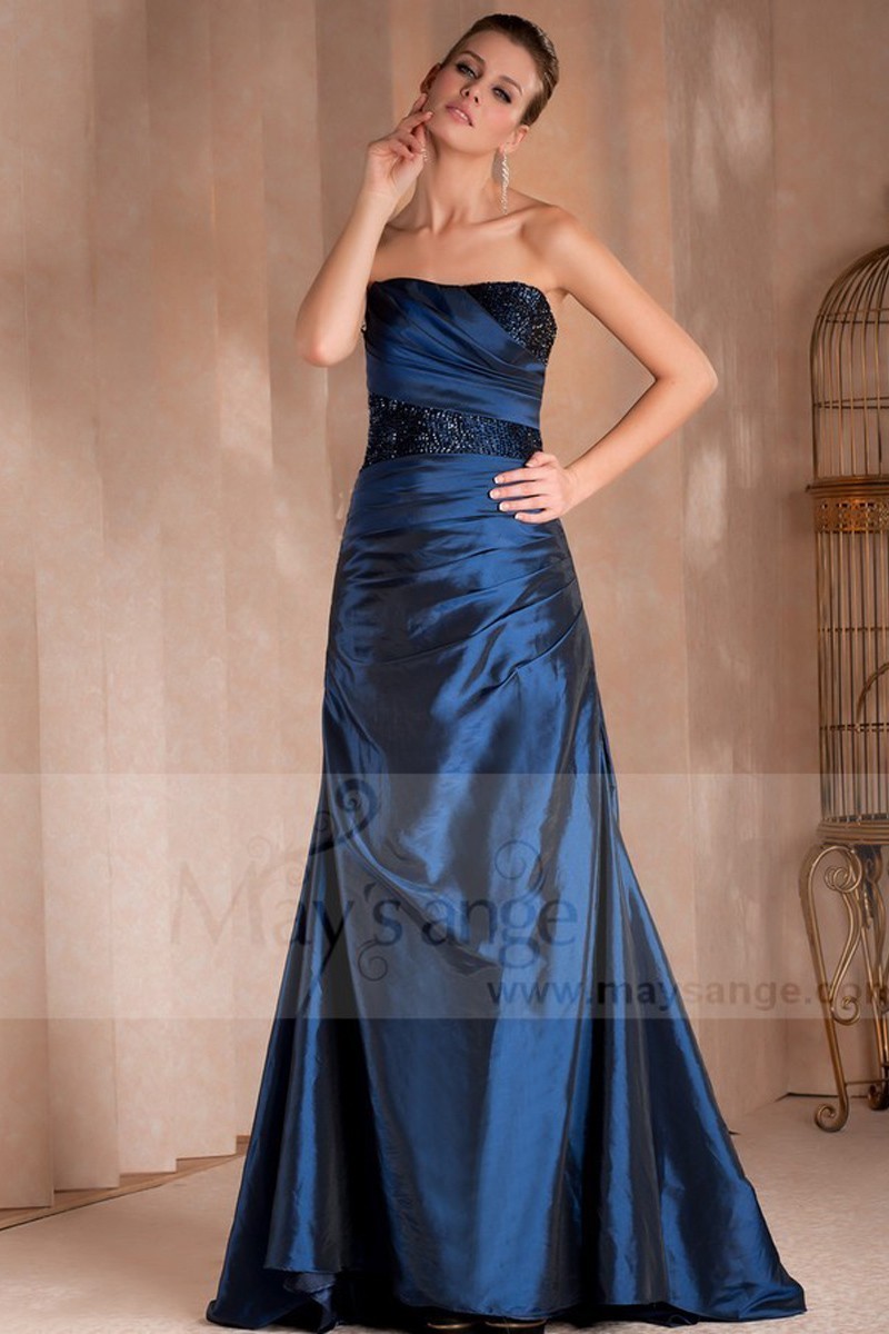 Robe de soirée bleu foncé bustier longue Miroir en taffetas - Ref L277 ...
