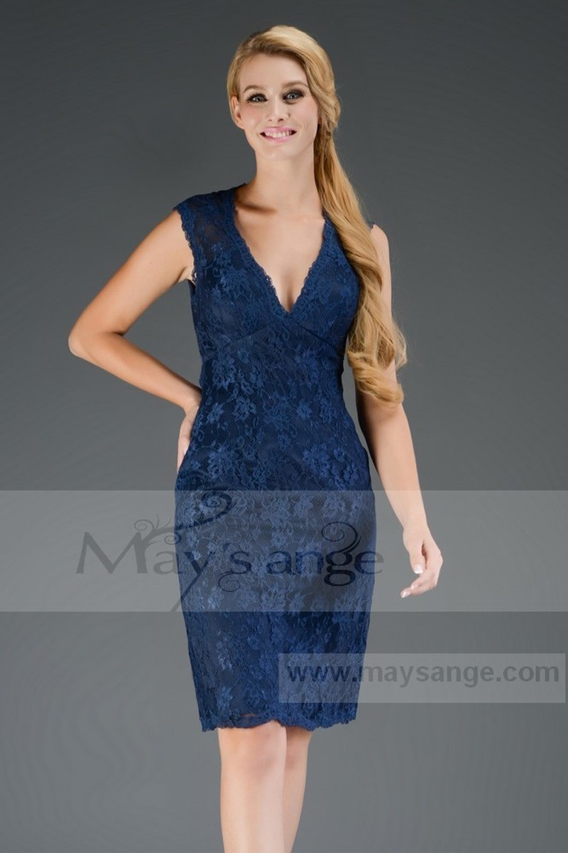 Short Gemstone Blue Lace Open-Back Cocktail Dress