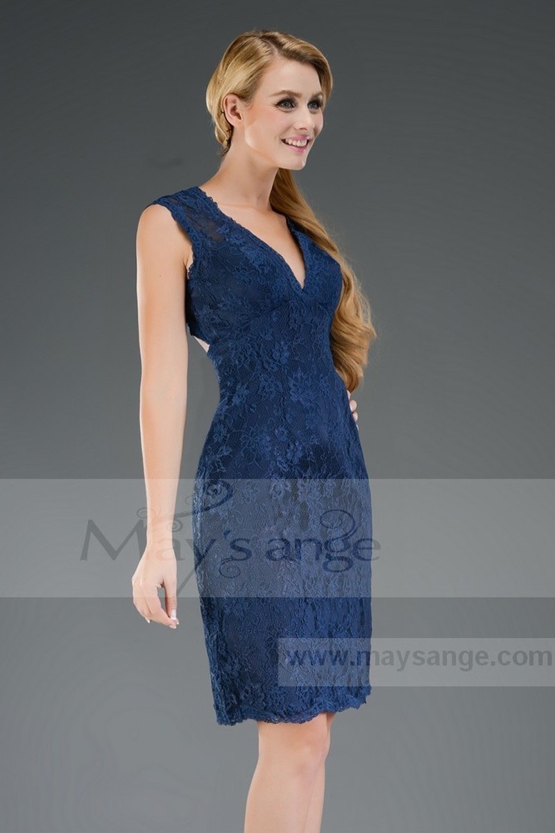 Short Gemstone Blue Lace Open-Back Cocktail Dress