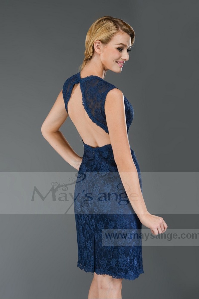 Short Gemstone Blue Lace Open-Back Cocktail Dress