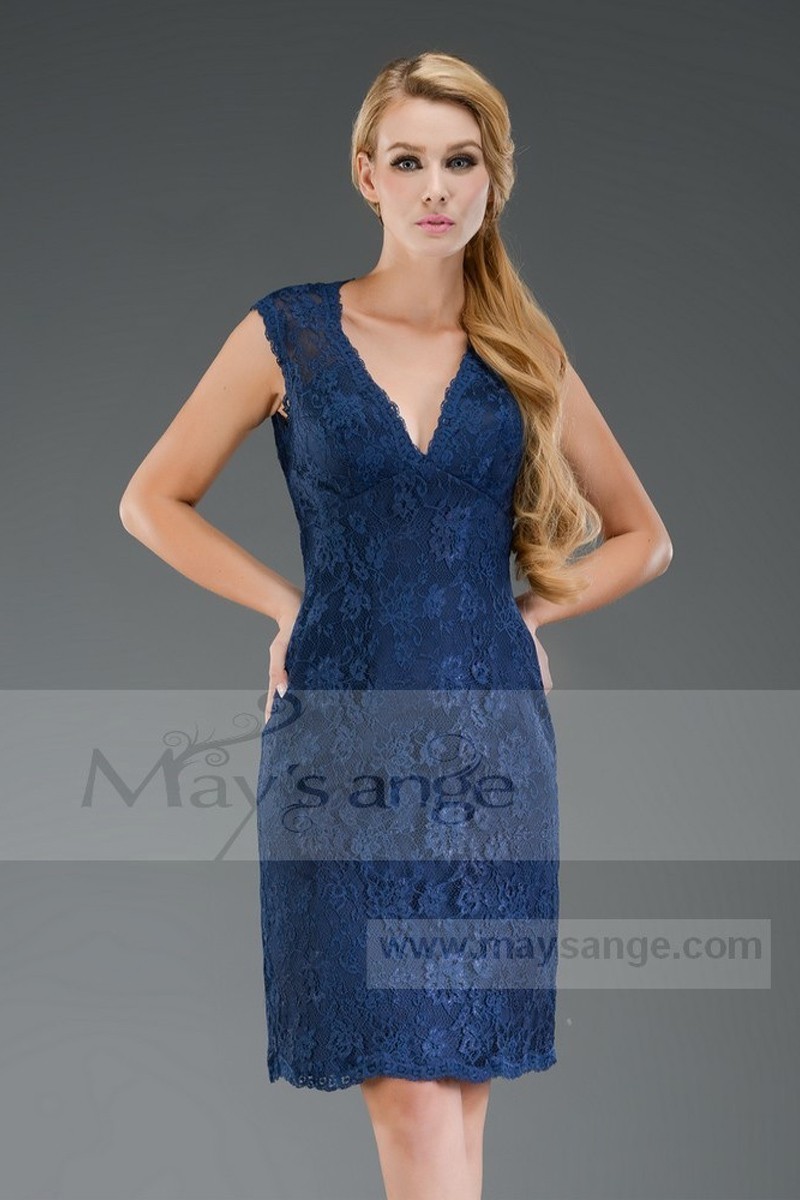 Short Gemstone Blue Lace Open-Back Cocktail Dress