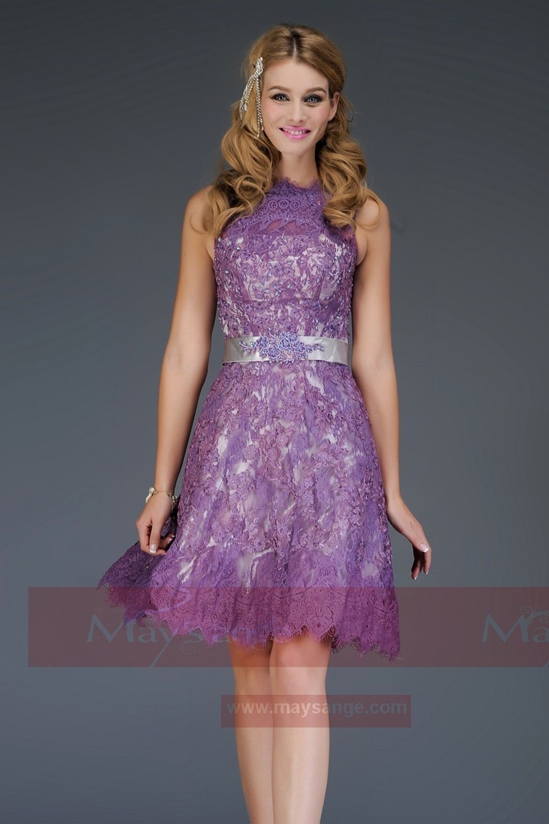 Short Embroidered-Lace Violet Homecoming Party Dress