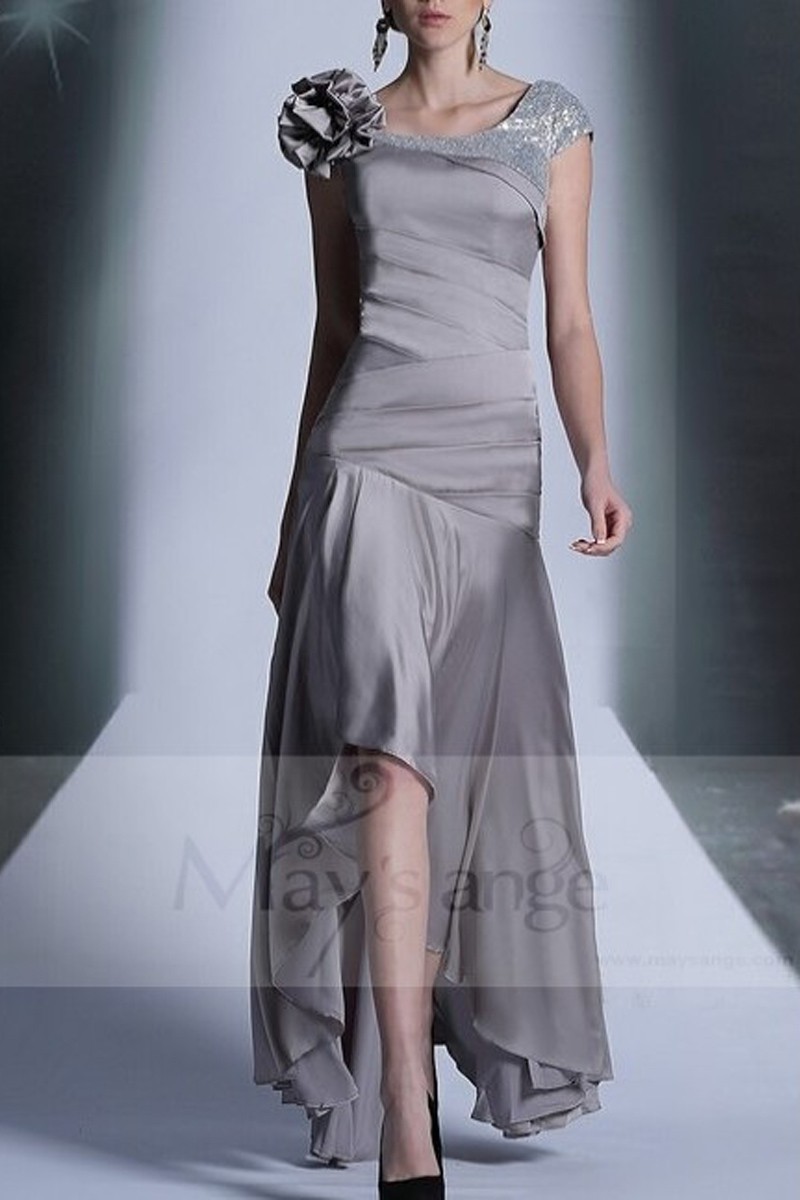 robe fete asymétrique gris argenté coupe ajuste - Ref L658 - Robes de Gala