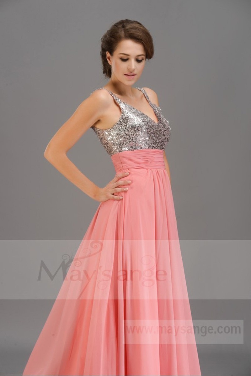 Longue robe de soirée Manon corail avec bustier argenté - Ref L207 ... Longue robe de soirée Manon corail avec bustier argenté - Ref L207 ...